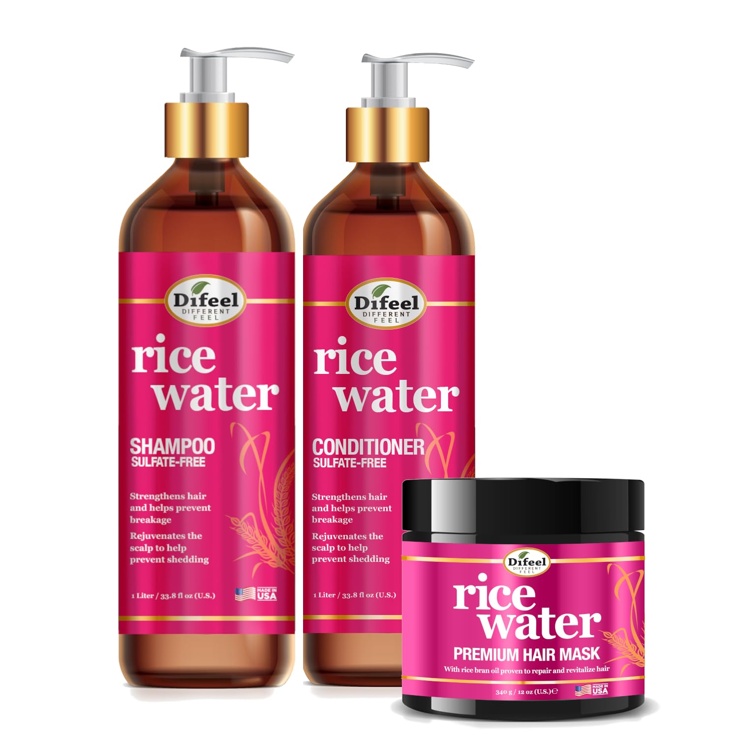 Amazon.com : Difeel Rice Water Hair Care 3PC Shampoo & Conditioner ...
