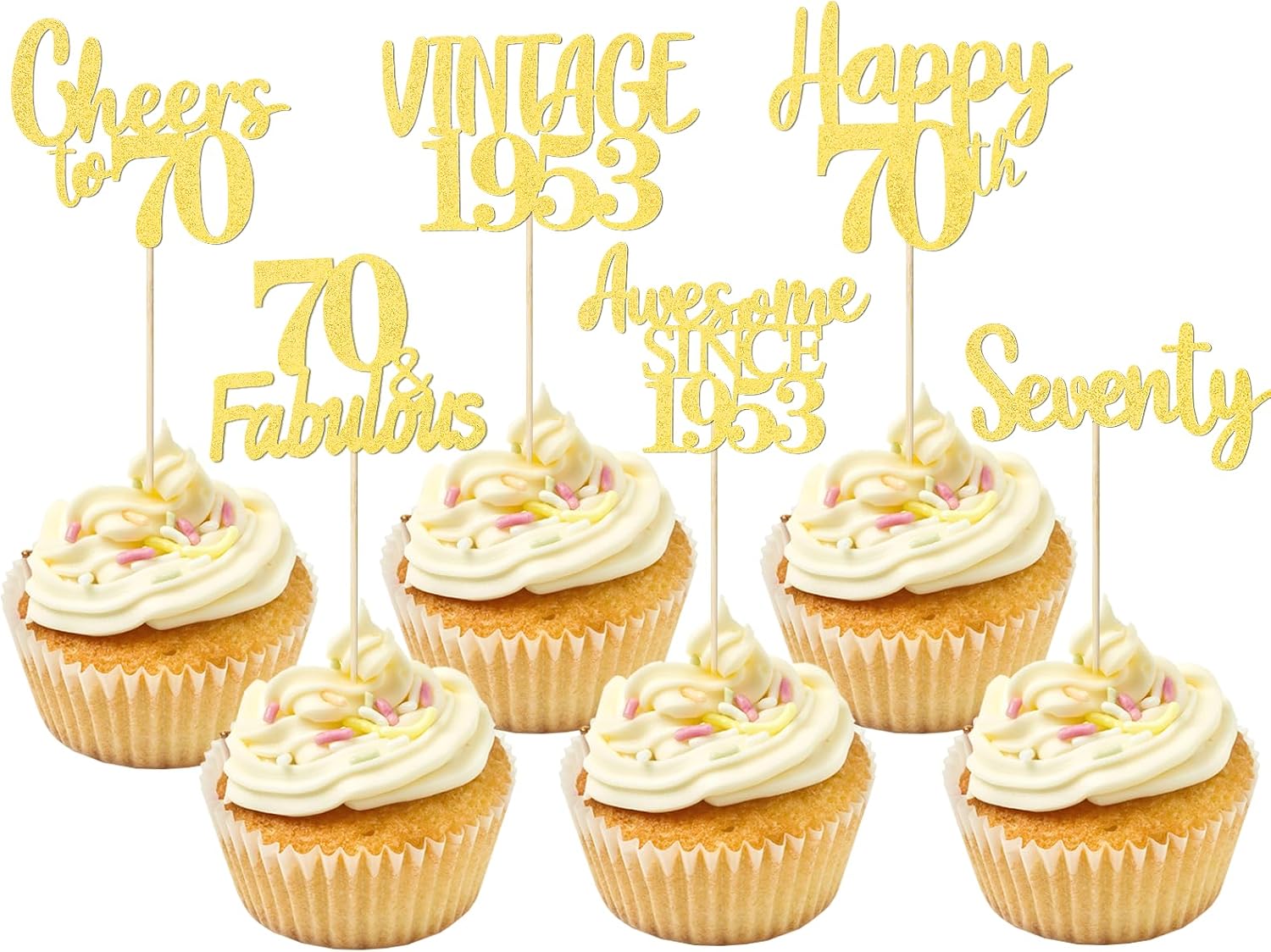 Amazon.com: 30 Pcs 70th Birthday Cupcake Toppers, Gold Glitter 70th ...