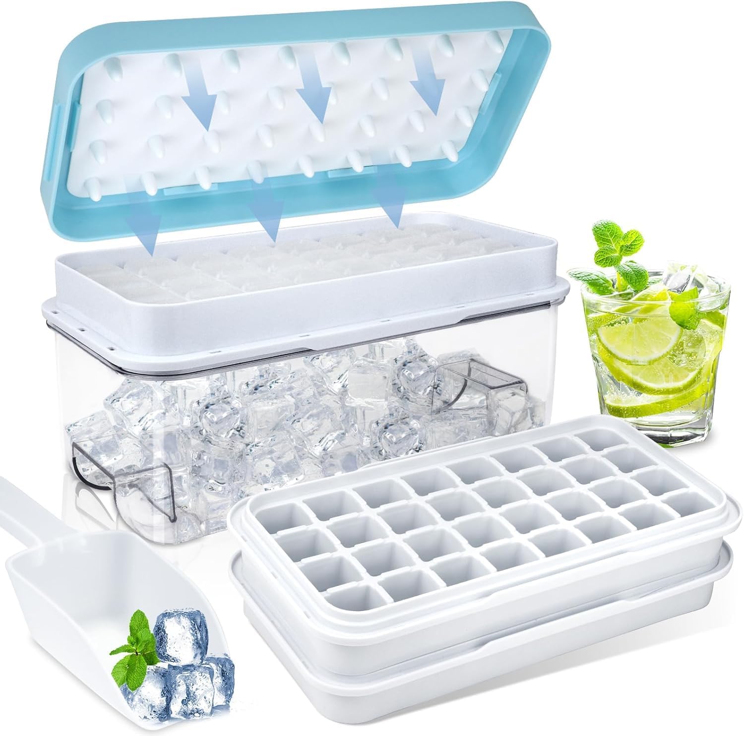 Ice Cube Tray, Square Ice Cube Maker with Lid and Bin, Double Layers ...