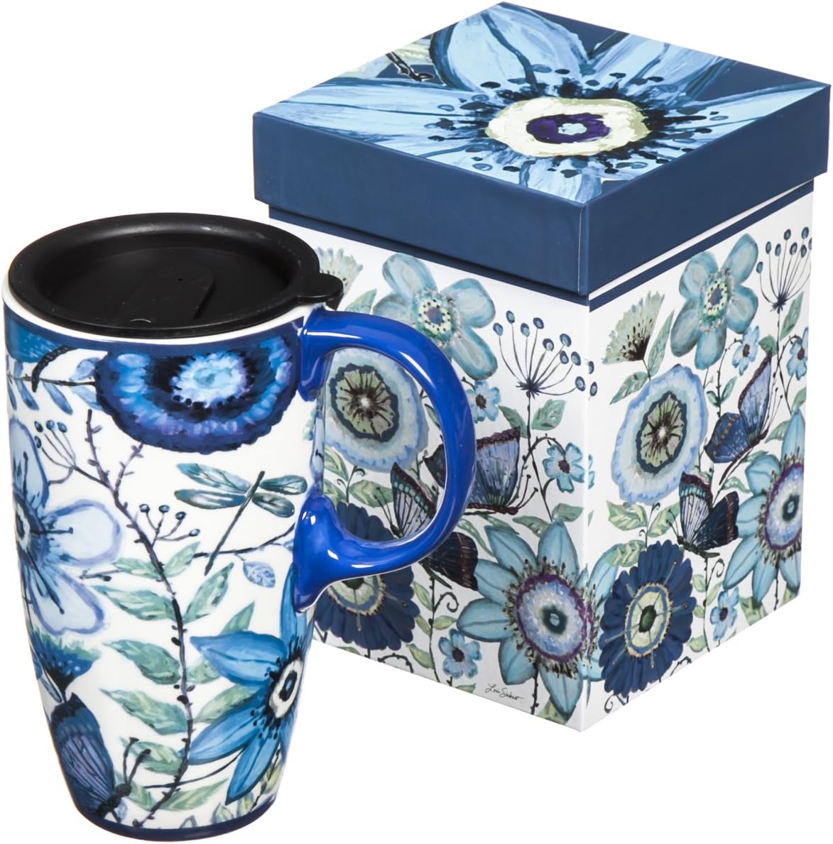 Amazon.com: Shades of Indigo Flowers and Butterflies Ceramic Travel ...