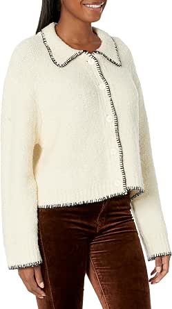 Moon River Women's Long Sleeve Edge Black Sewing Cardigan, Cream at ...
