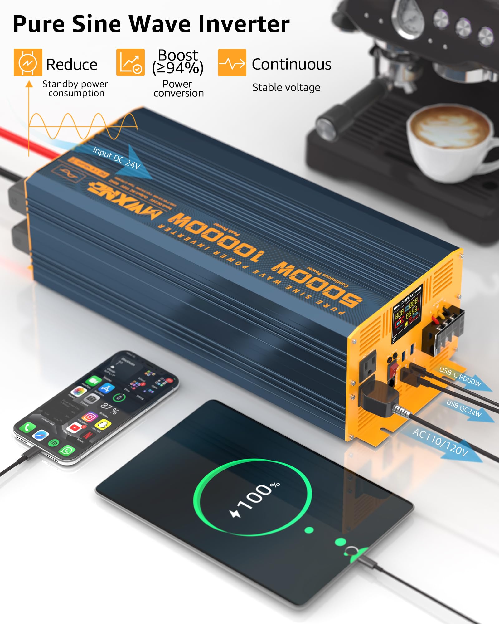 5000 Watt Power Inverter Pure Sine Wave 24V DC to 110V 120V 10000W Peak ...