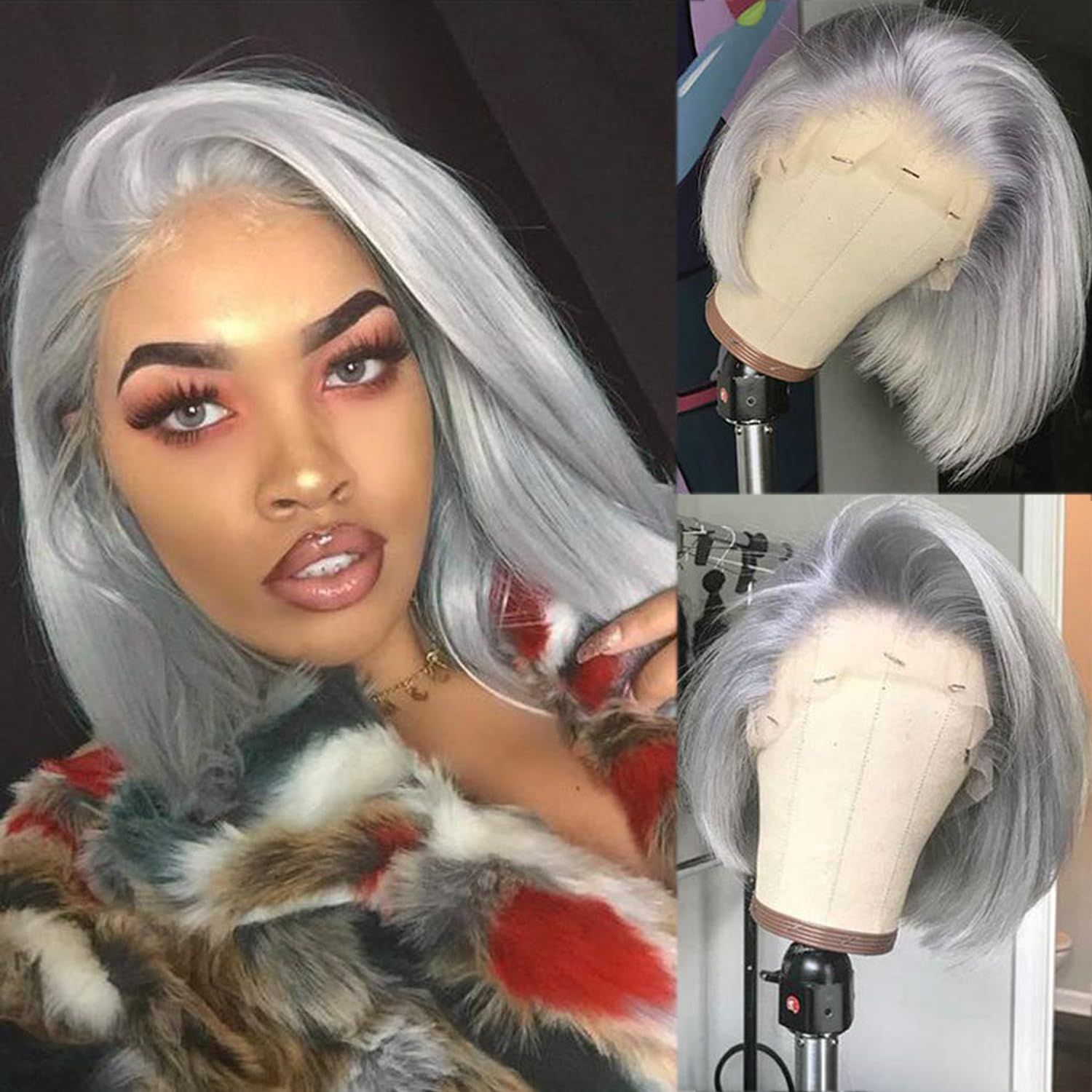Amazon.com: Benafee Grey Bob Wig Human Hair, 180% Density Bob Lace ...