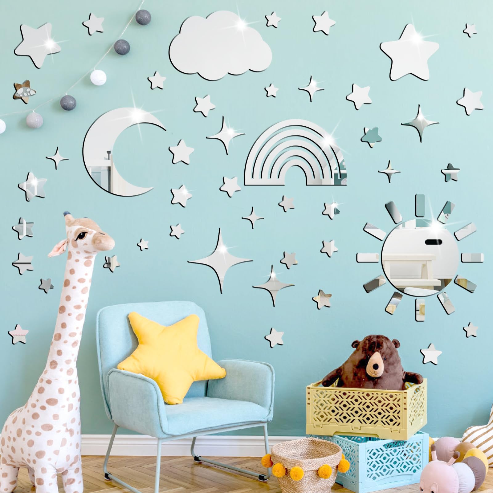 Amazon.com: Acrylic Mirror Wall Stickers Decor 3D Moon Star Sun Cloud ...