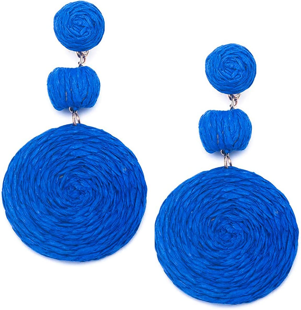 JeanBeau Boho Raffia Royal Blue Ball Round Statement Dangle earrings ...