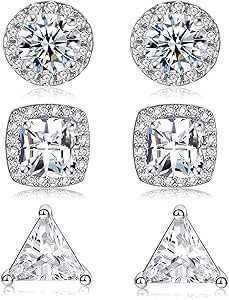 Amazon.com: 3 Pairs Stud Earrings, 18K White Gold Plated Round Square/Trillion-Cut Cubic ...
