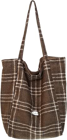 Amazon.com: YESFIXS Large Checker Canvas Tote Bag, Wool Plaid Shoulder ...