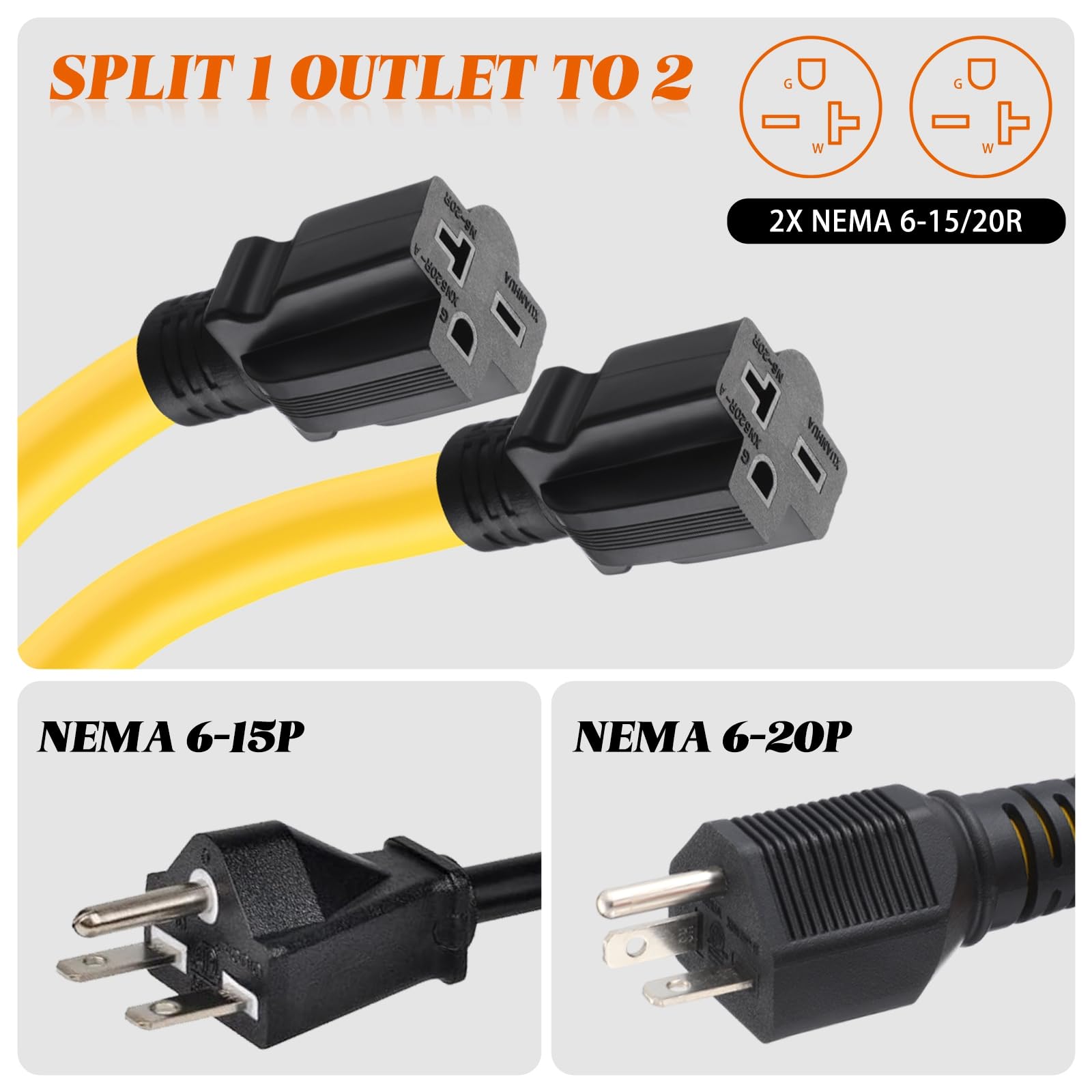 Snapklik.com : 3FT NEMA 6-20 Y Splitter, NEMA 6-20P Male Plug To 2X 6 ...