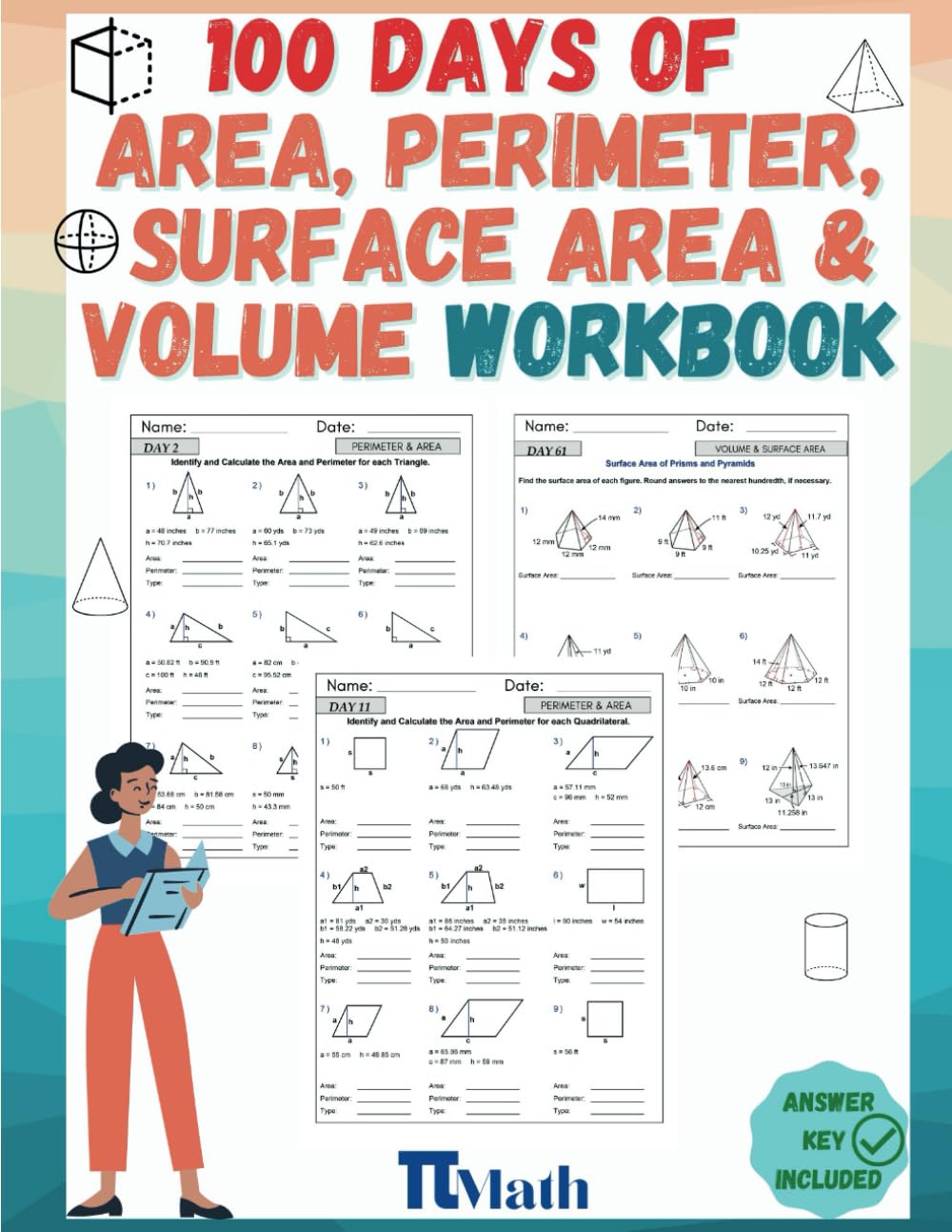 PI MATH 100 days of practicing Area, Perimeter, Volume and Surface Area ...