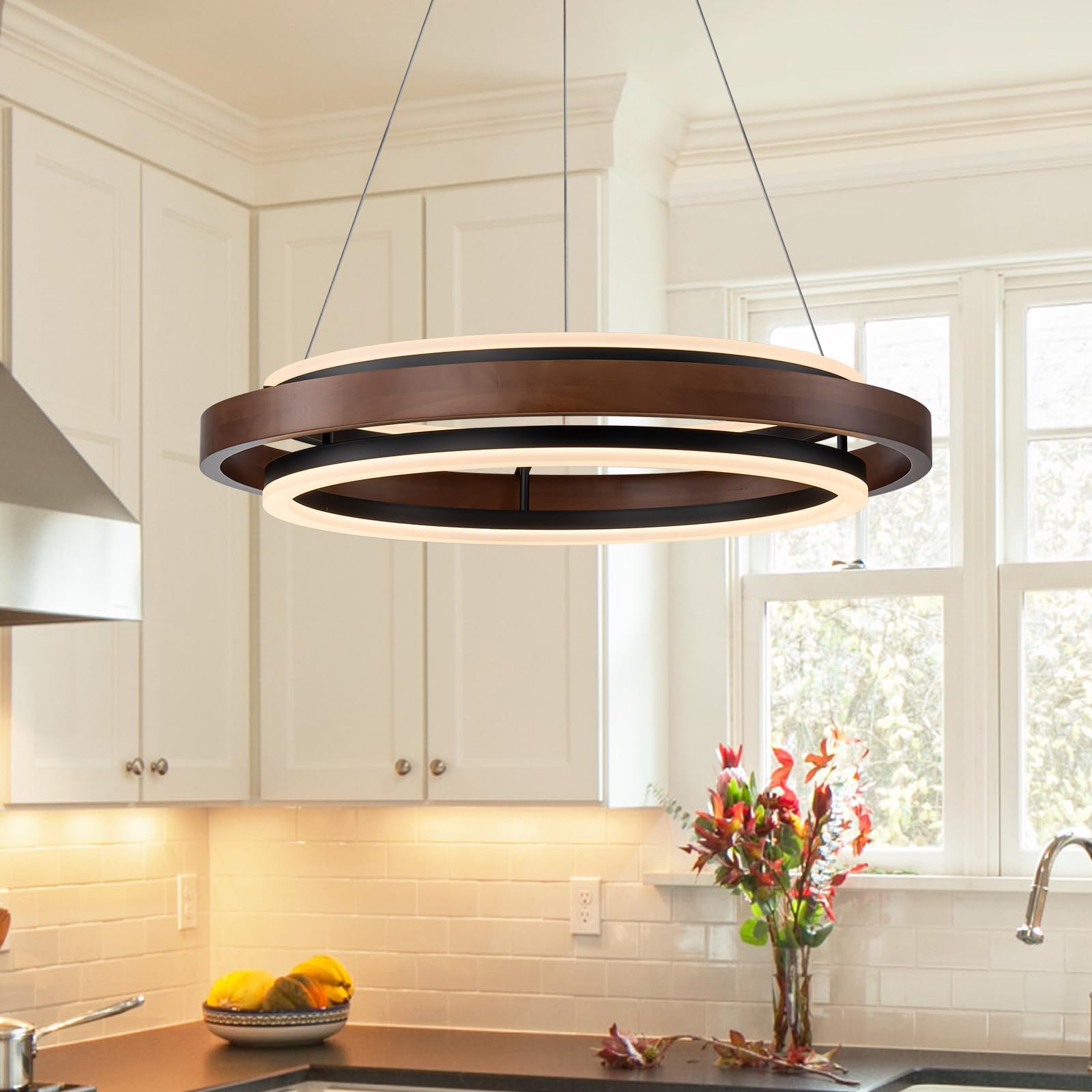 HUOKU Modern Wooden LED Chandelier, 24" Dimmable Farmhouse Walnut Color ...