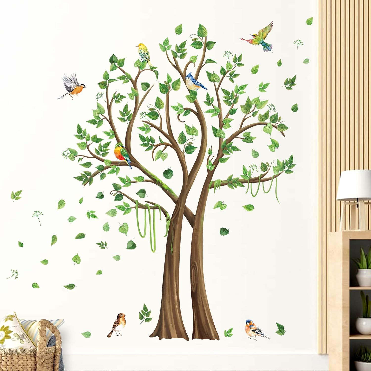 wondever Large Tree Wall Stickers Green Leaves Birds Peel and Stick ...