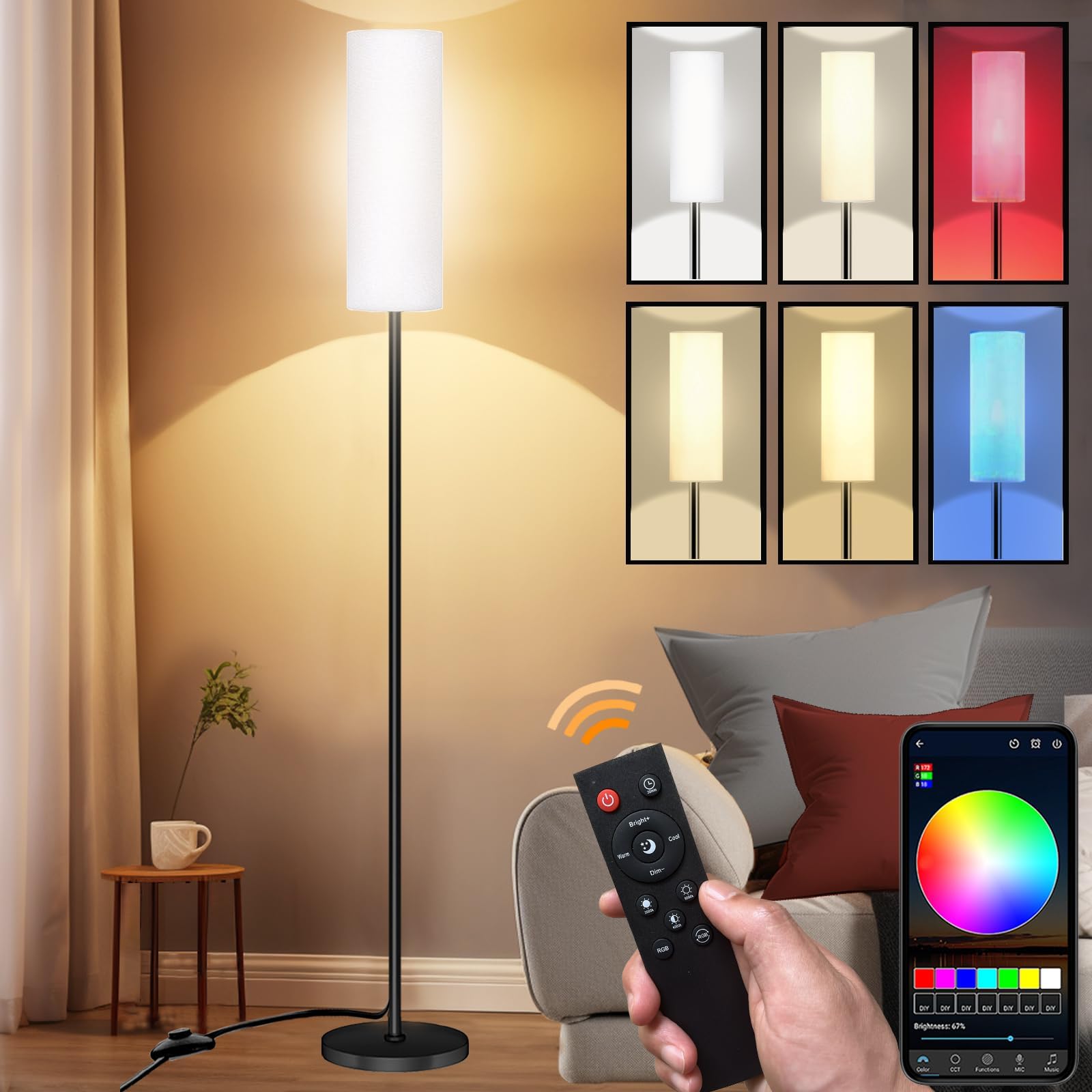 PMS 63“ Modern Metal Floor Lamp, Warm to White Color Changing Standing ...