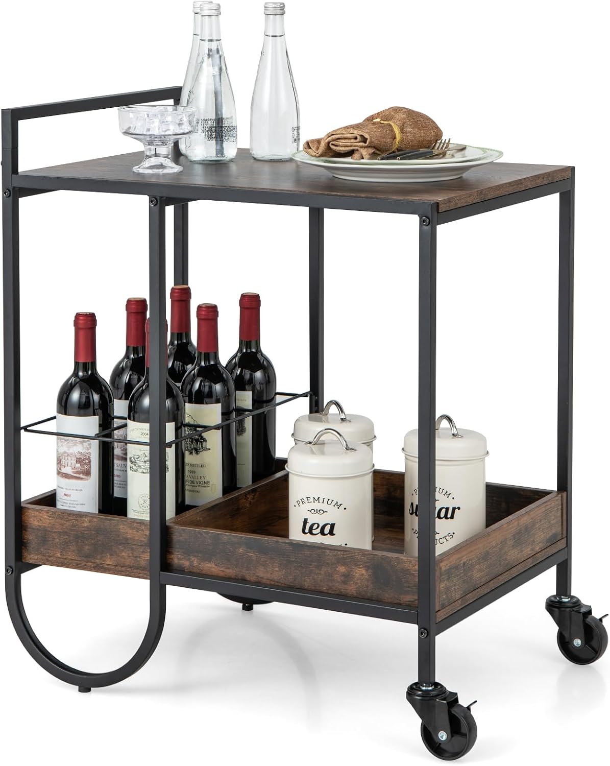 COSTWAY Servierwagen, Küchenwagen mit Rollen, Barwagen mit Weinregal ...
