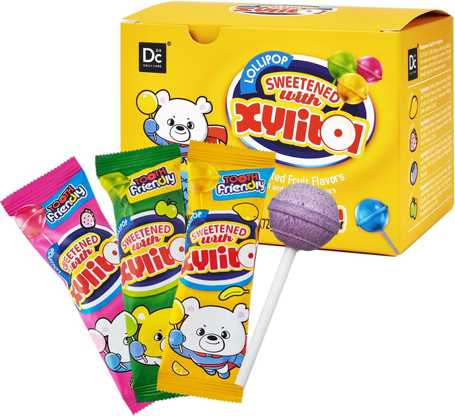 Amazon.com : DC24 DAILY CARE Xylitol Lollipops Assorted Fruit Flavors ...