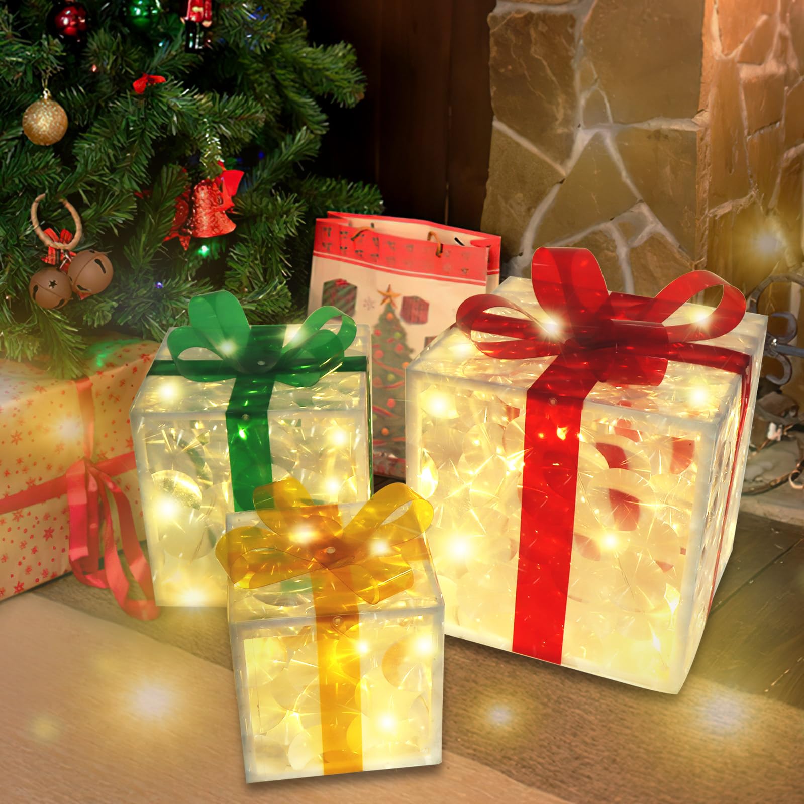 hzuisst Light Up Gift Boxes, Set of 3 Christmas Lighted Gift Boxes with ...