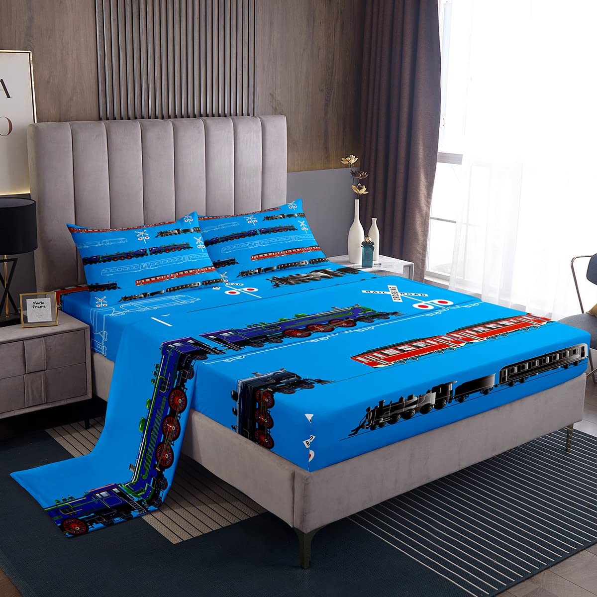 Amazon.com: Train Kids Boys Bed Sheets Retro Steam Engine Toddler Sheet ...