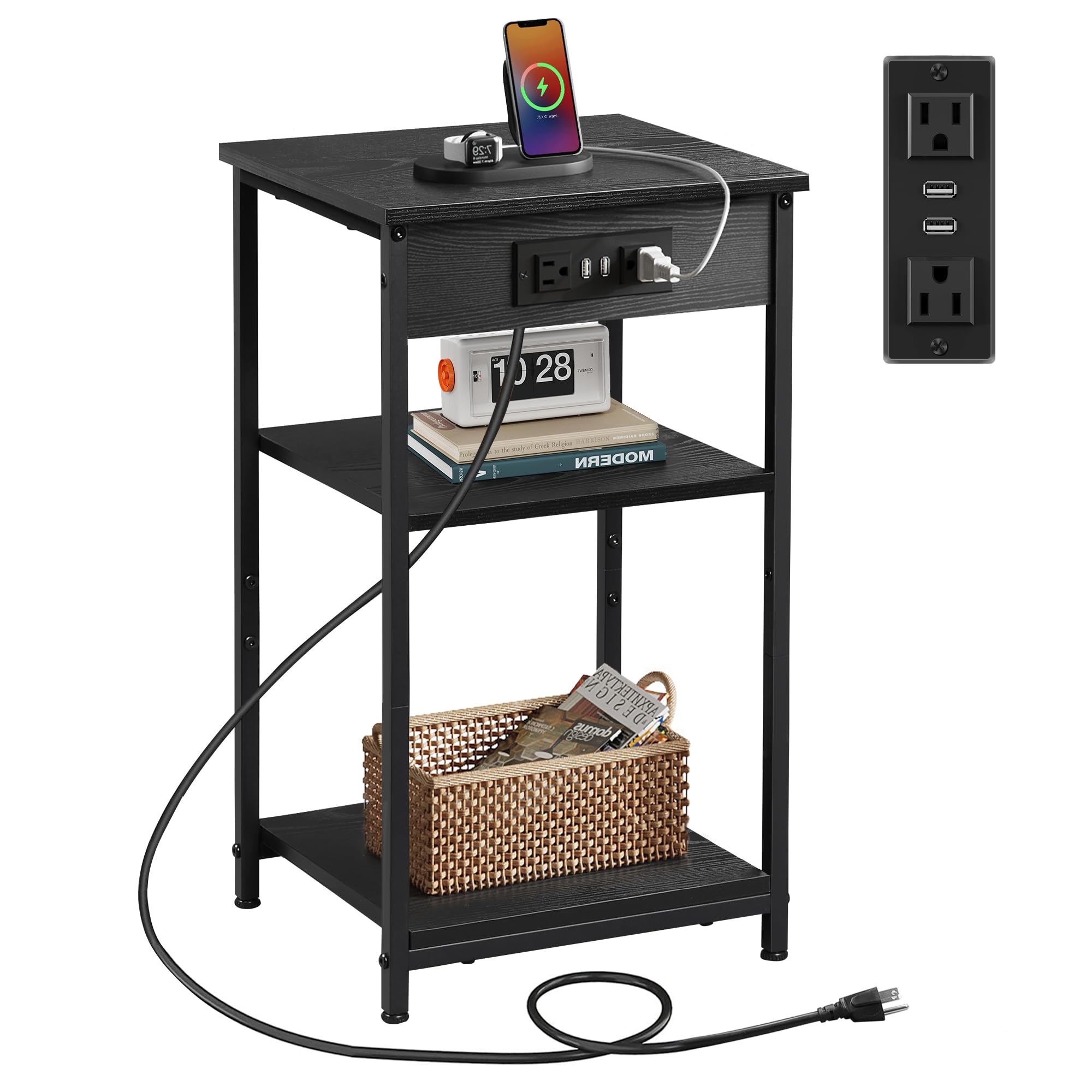 Amazon.com: WLIVE Black Side Table with Charging Station, Small Night ...