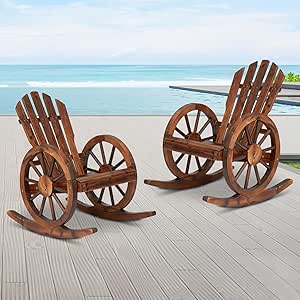 Amazon.com : JSUN7 Wagon Wheel Rocking Chairs - Set of 2 Outdoor Wooden ...