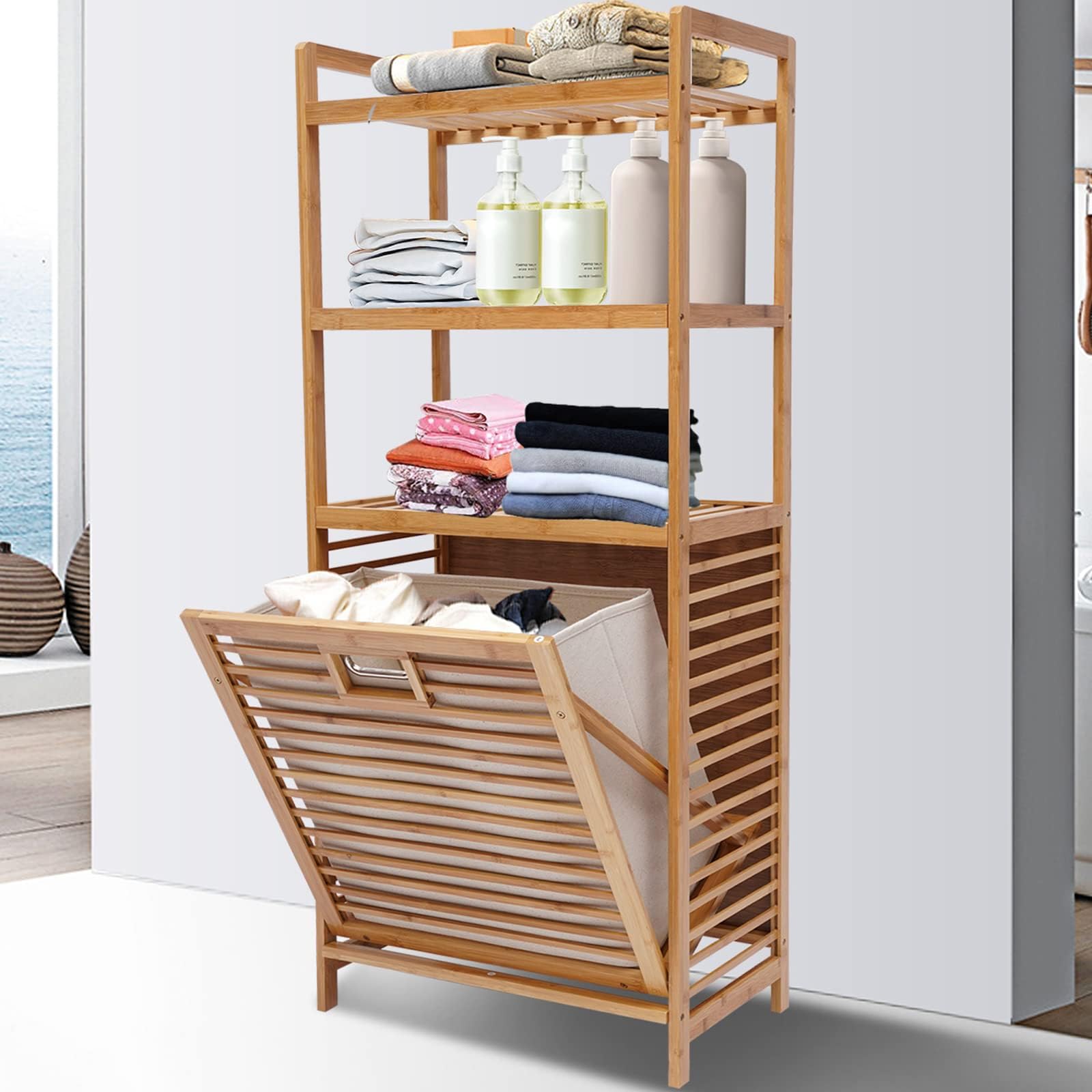 Amazon.com: OUKANING Bamboo Laundry Hamper with 3 Shelves, Rectangular ...