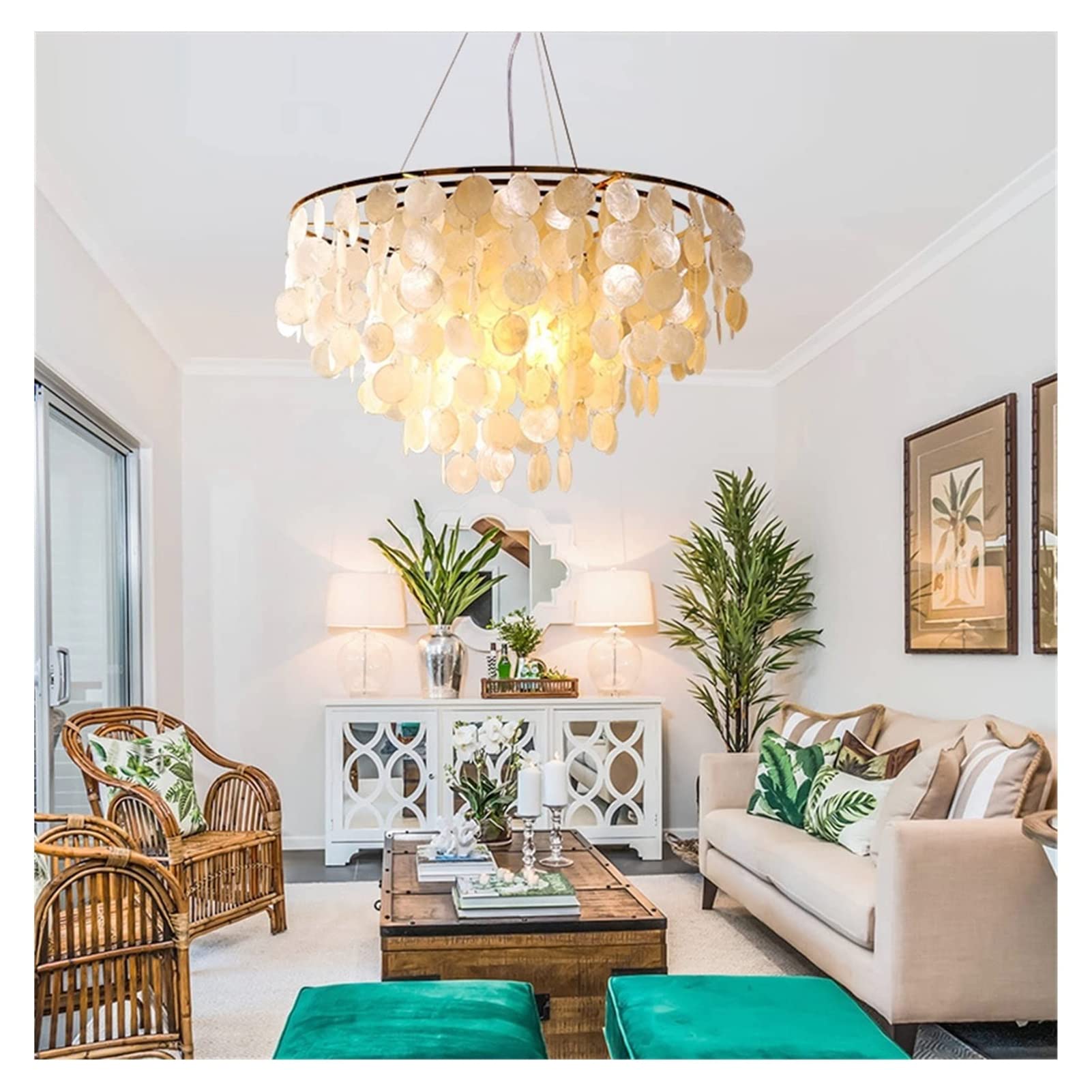 Pendant Light Mediterranean Elsa 6 Light White Mother Of Pearl Tiered