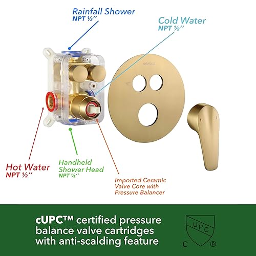 Snapklik.com : VANFOXLE Push Button Diverter Dual Modes Shower Faucet Valve Brushed Gold