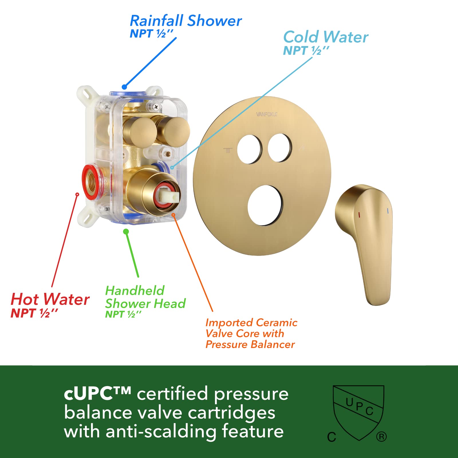 Snapklik.com : VANFOXLE Push Button Diverter Dual Modes Shower Faucet Valve Brushed Gold