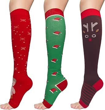 Amazon.com: 3 Pairs Toeless Christmas Compression Socks for Women & Men ...