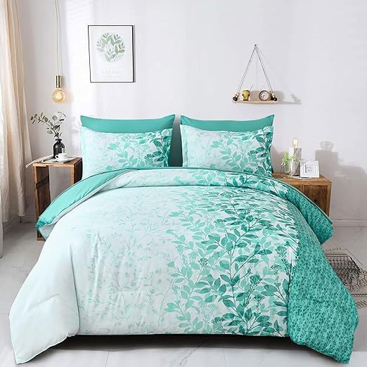 Amazon.com: Dobuyly Aqua Queen Comforter Set Botanical Leaves Bed in a ...