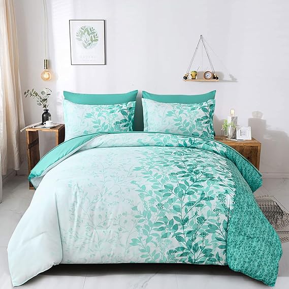 Amazon.com: Dobuyly Aqua Queen Comforter Set Botanical Leaves Bed in a ...