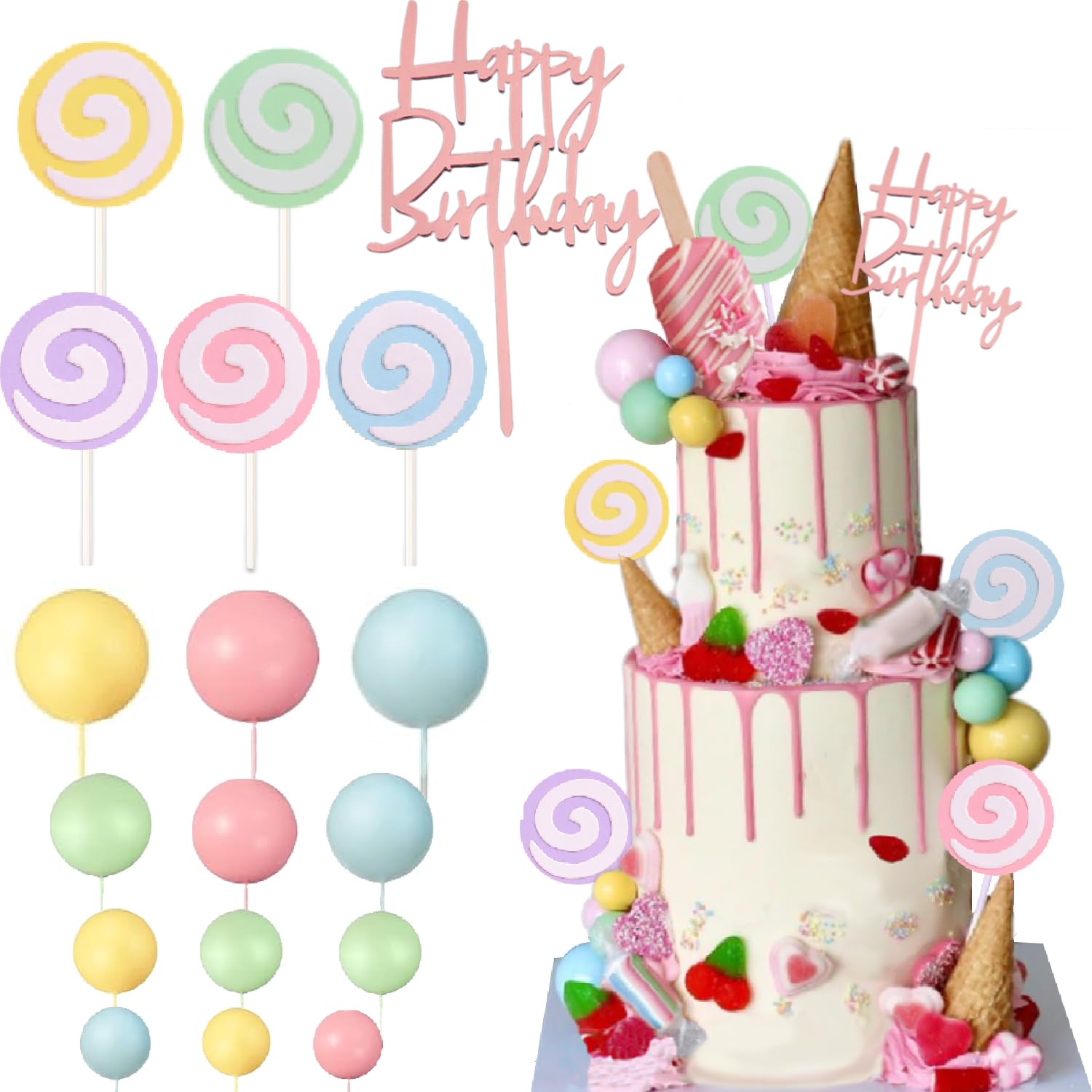 Amazon.com: Candy Cake Toppers Sweet Cake Decoration with Lollipops ...