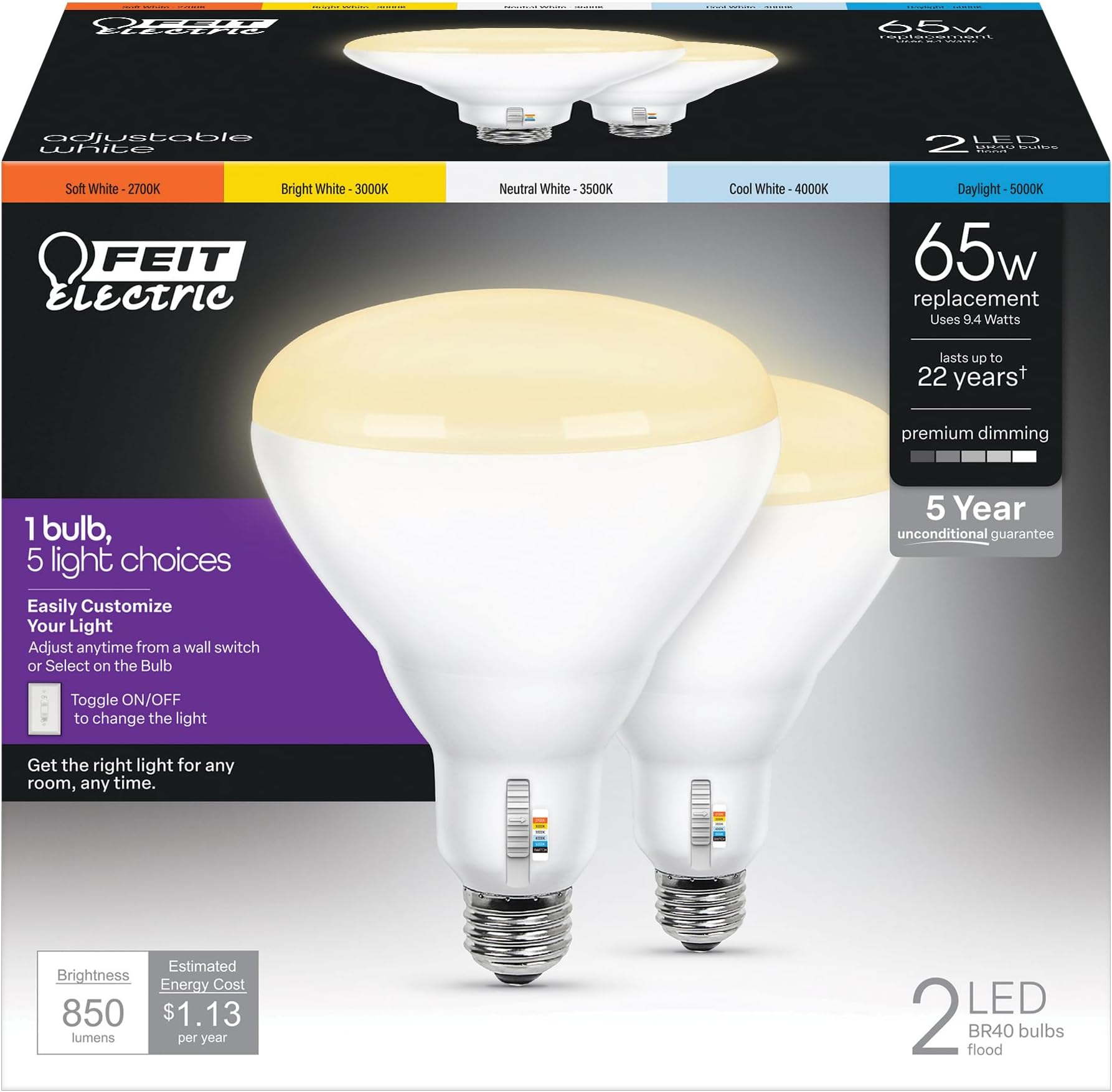 Amazon.com: Feit Electric BR40 LED Light Bulb, 65W Equivalent, Dimmable ...