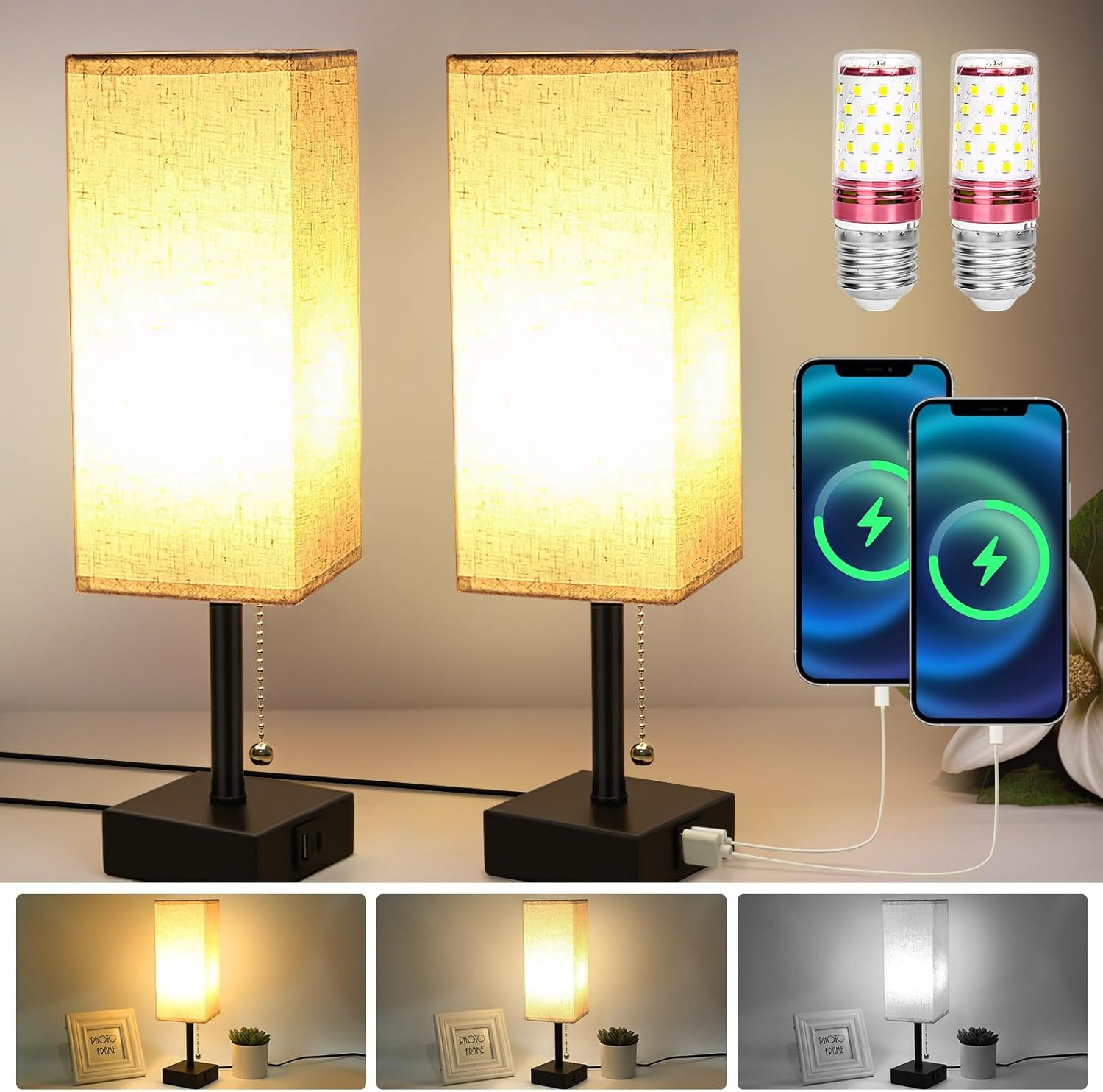 laoonl Bedside Lamps Pack of 2, Table Lamp for Bedroom, Bedside Light ...