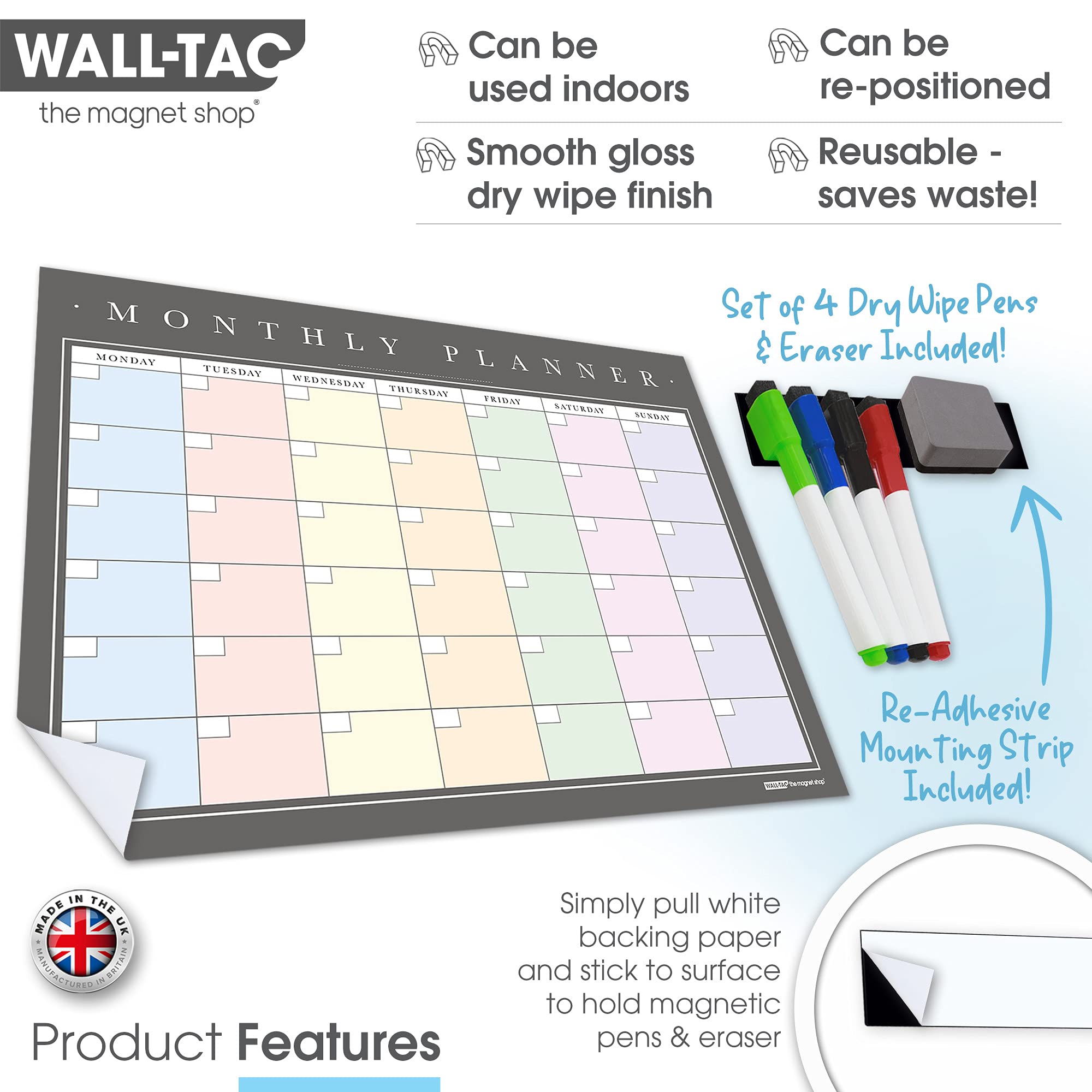 WallTAC Re-Adhesive Wall Planner and A3 Monthly Calendar - Reusable ...
