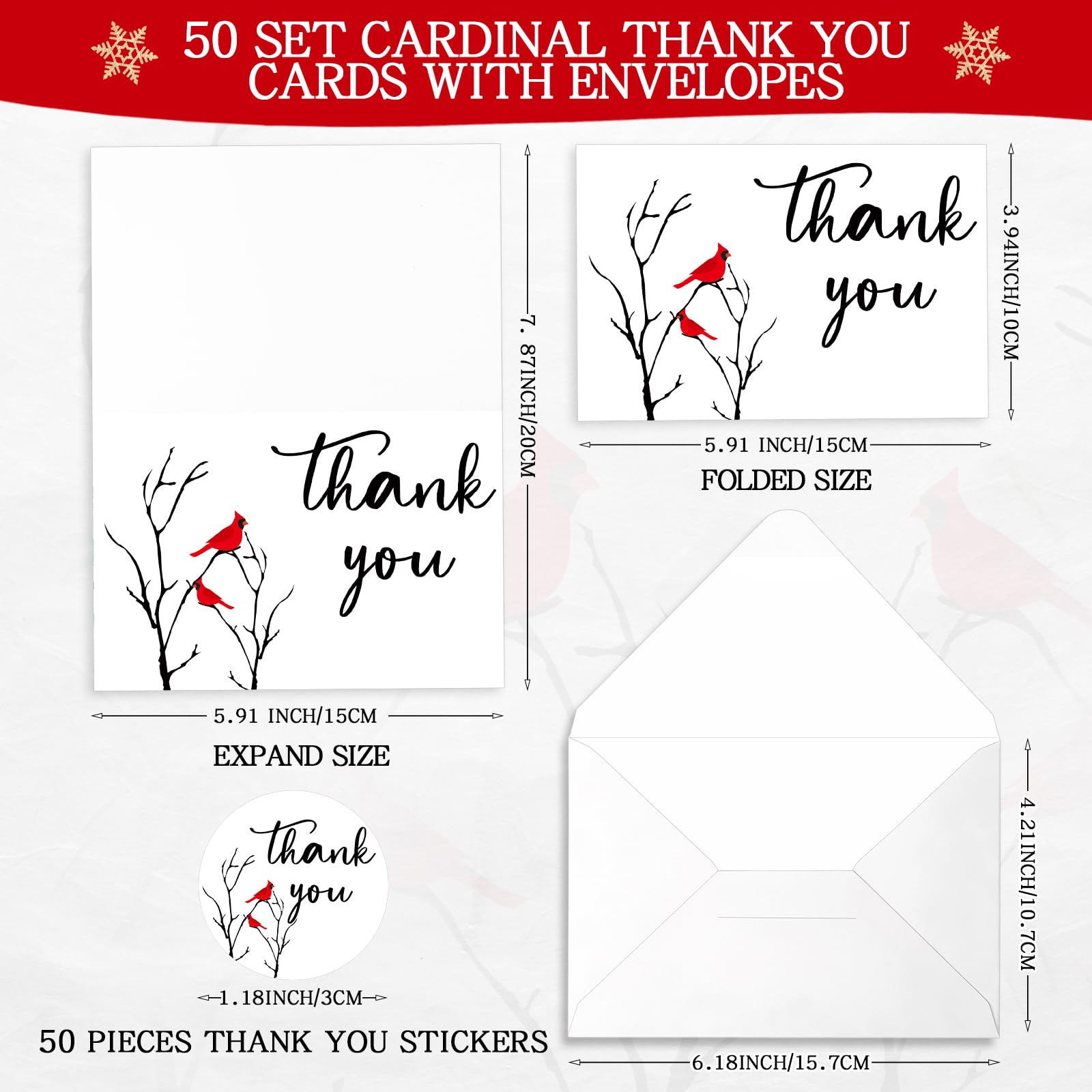 Snapklik.com : Cholemy 50 Set Cardinal Thank You Cards Bird Memorial ...