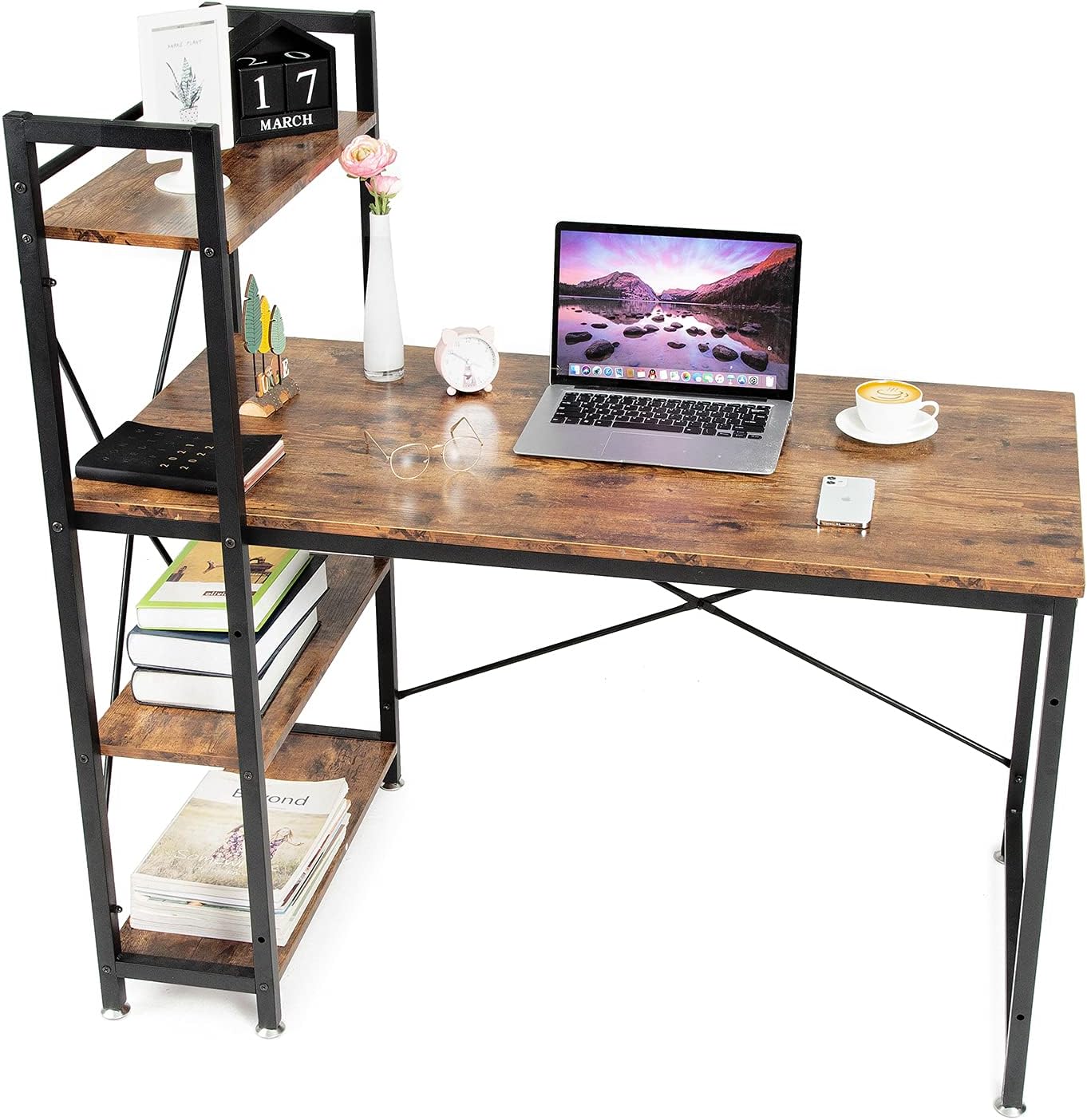 Oak & Tea Computer Desk,120x60cm Home Office Desk with 4 Tier Removable ...