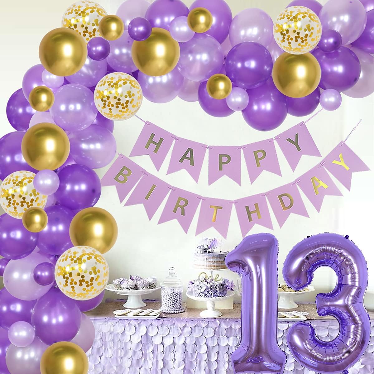 Amazon.com: Decoraciones de cumpleaños número 13 morado y dorado para ...