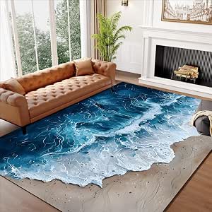 Amazon.com: Blue Tan Grey Coastal Ocean Waves Beachy Area Rug 7x10 3d ...
