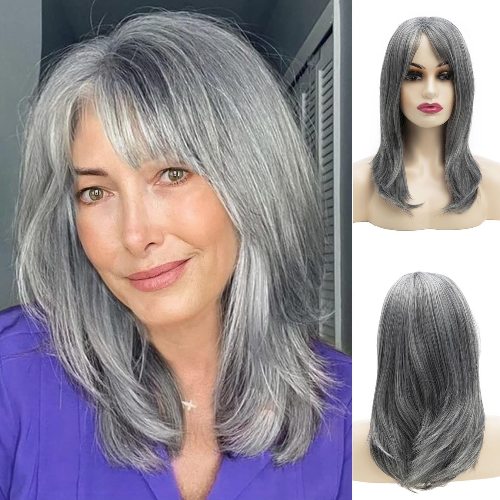 Amazon.com : Sabosi Grey Short Wigs for Women Medium Length Gray Mixed ...