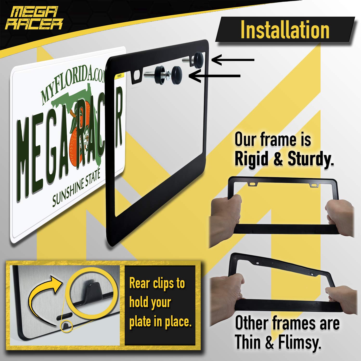 Buy Mega Racer Metal Black License Plate Frame - 2 Hole Slim Front and ...