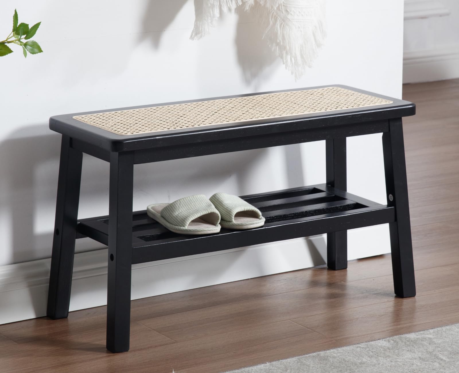 Amazon.com: Shunzhi Rattan Entryway Bench Black Wood Shoe Storage Bench ...