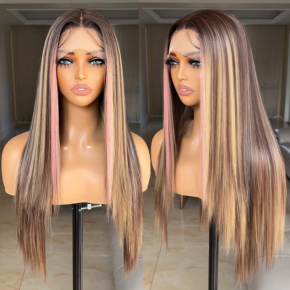 Amazon.com : FABÉLLE Pink Highlight Wig Lace Front Wigs Glueless Wig ...