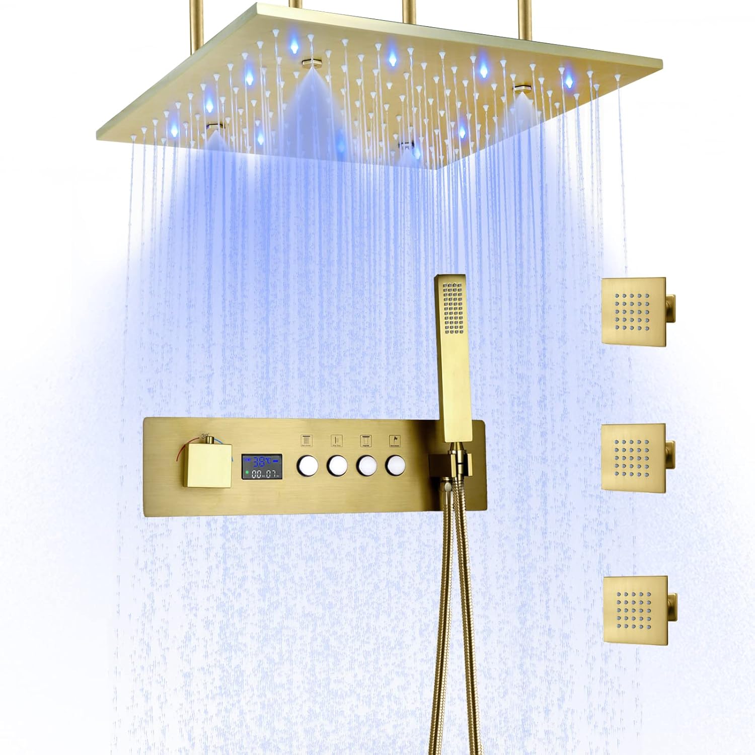 Brushed Gold Thermosatic Rain Shower System Set With 16" LED Ceiling ...