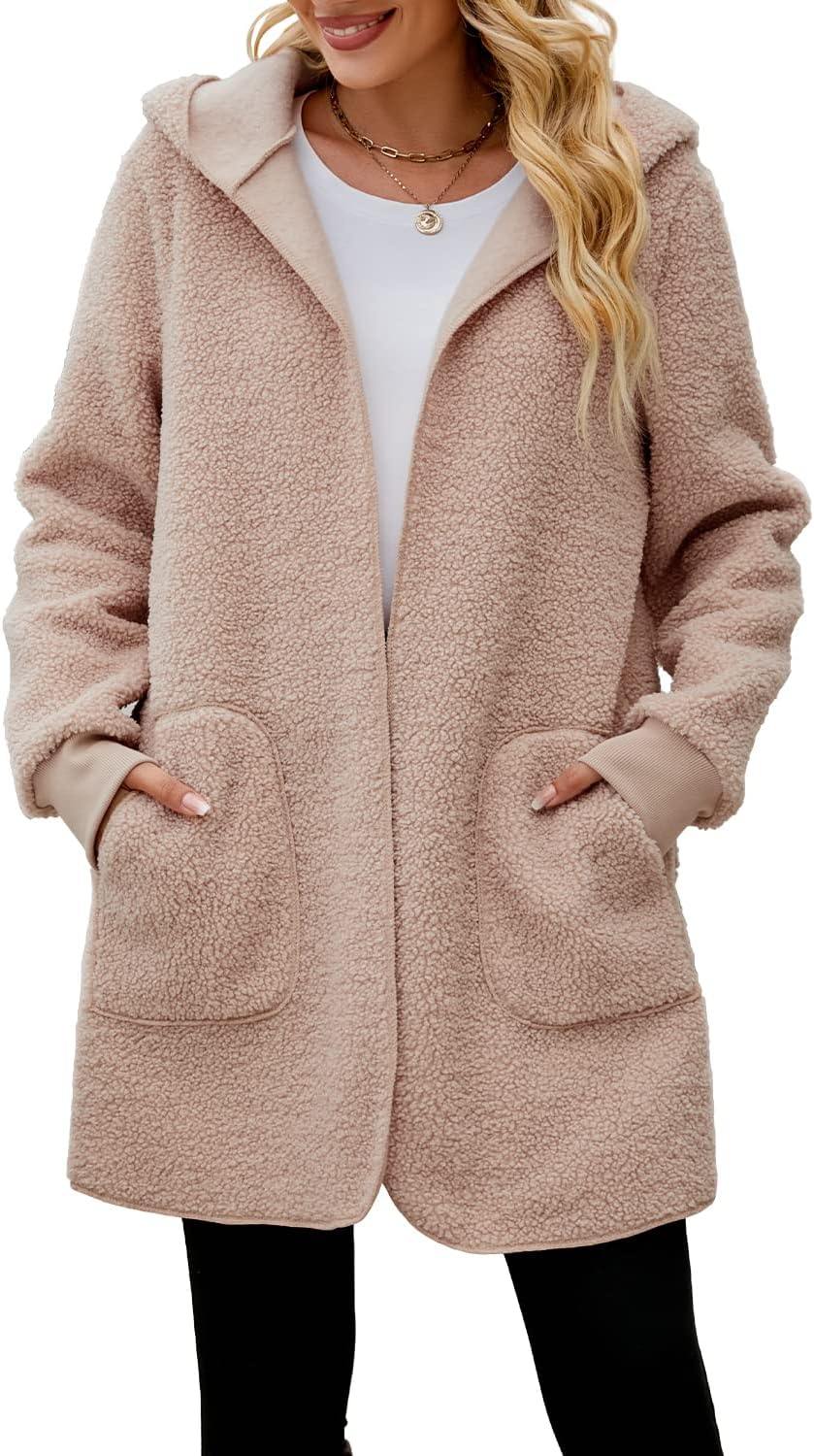 Yanekop Womens Fuzzy Fleece Open Front Hooded Cardigan Jackets Sherpa ...