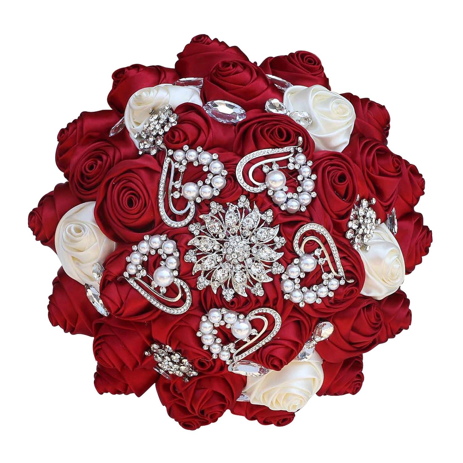 Amazon.com: Cileruide Wedding Bride Bouquet 7 Inch Red Pink Satin Rose ...