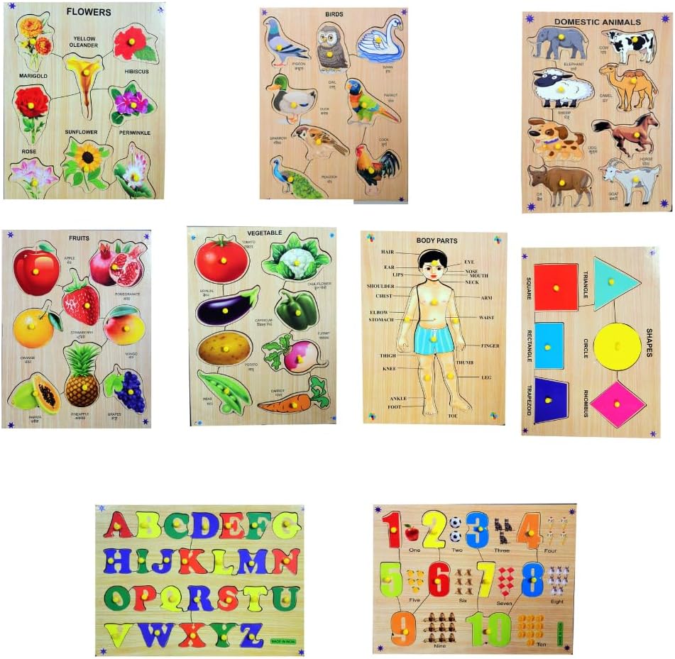 Kids Learning Wooden Puzzle Set Combo of Alphabets, Numbers, Body Parts ...