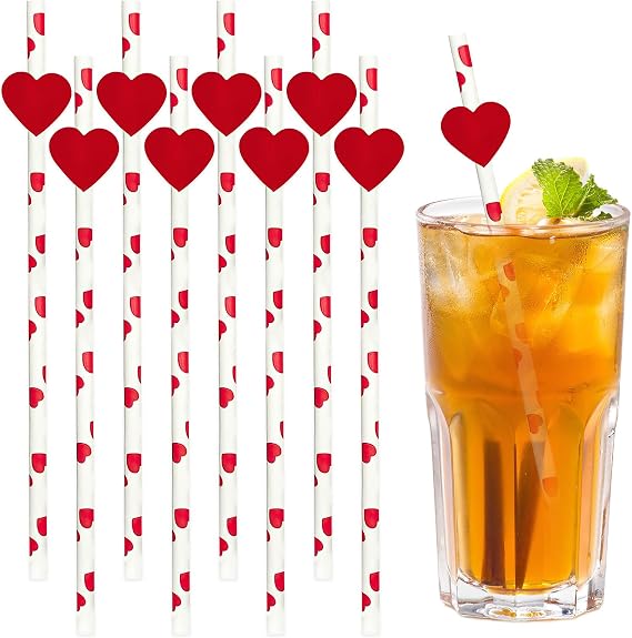 20 Pcs Valentines Drinking Straws, Valentine Paper Hearts Straws, Red ...