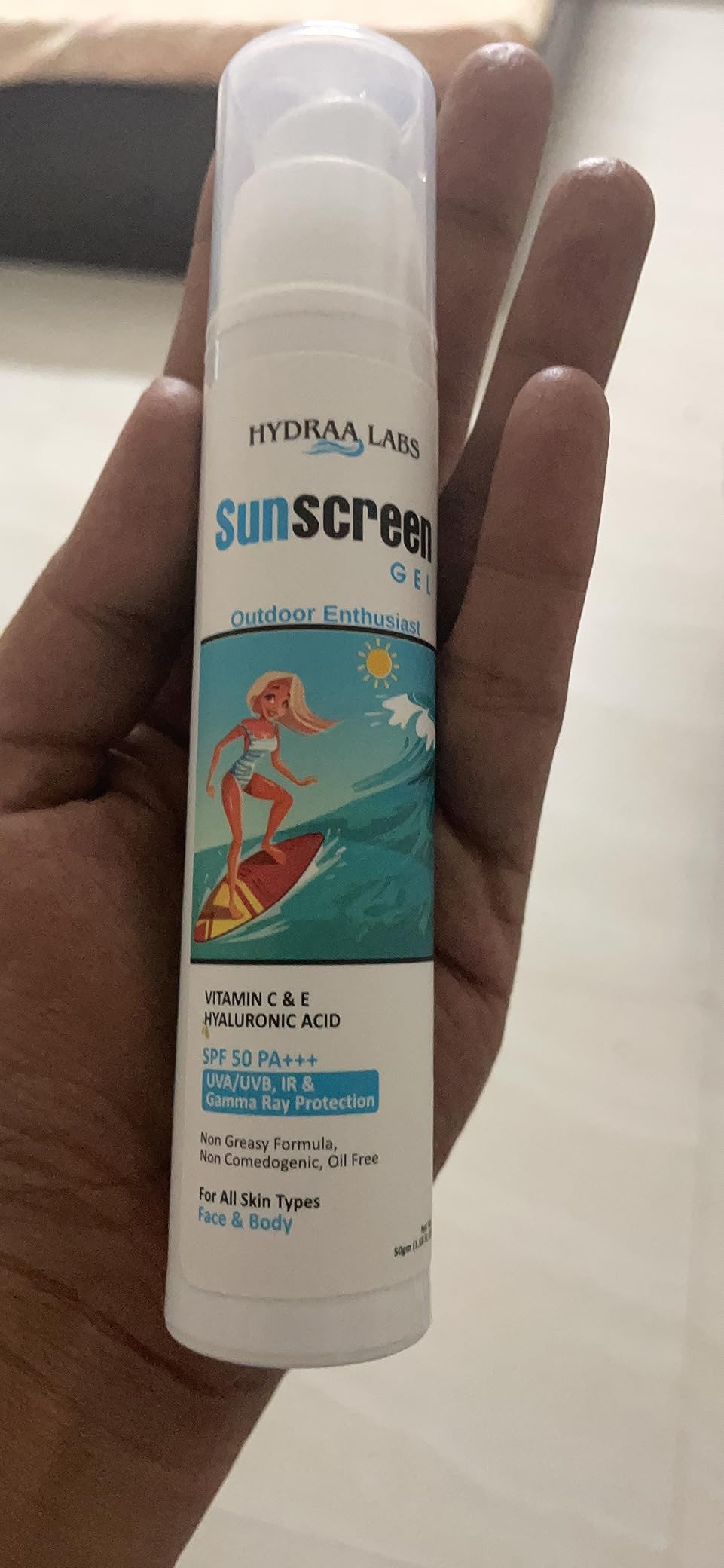 Hydraa Labs Sunscreen Gel Outdoor Enthusiast surfer logo with SPF 50 PA ...