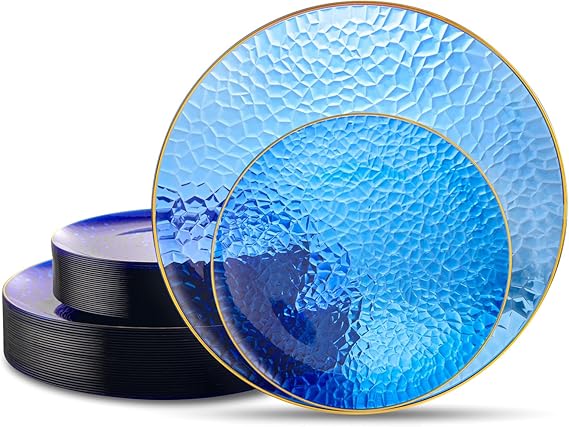 Amazon.com: Hioasis 60pcs Blue Plastic Plates - Gold Rimmed Disposable ...