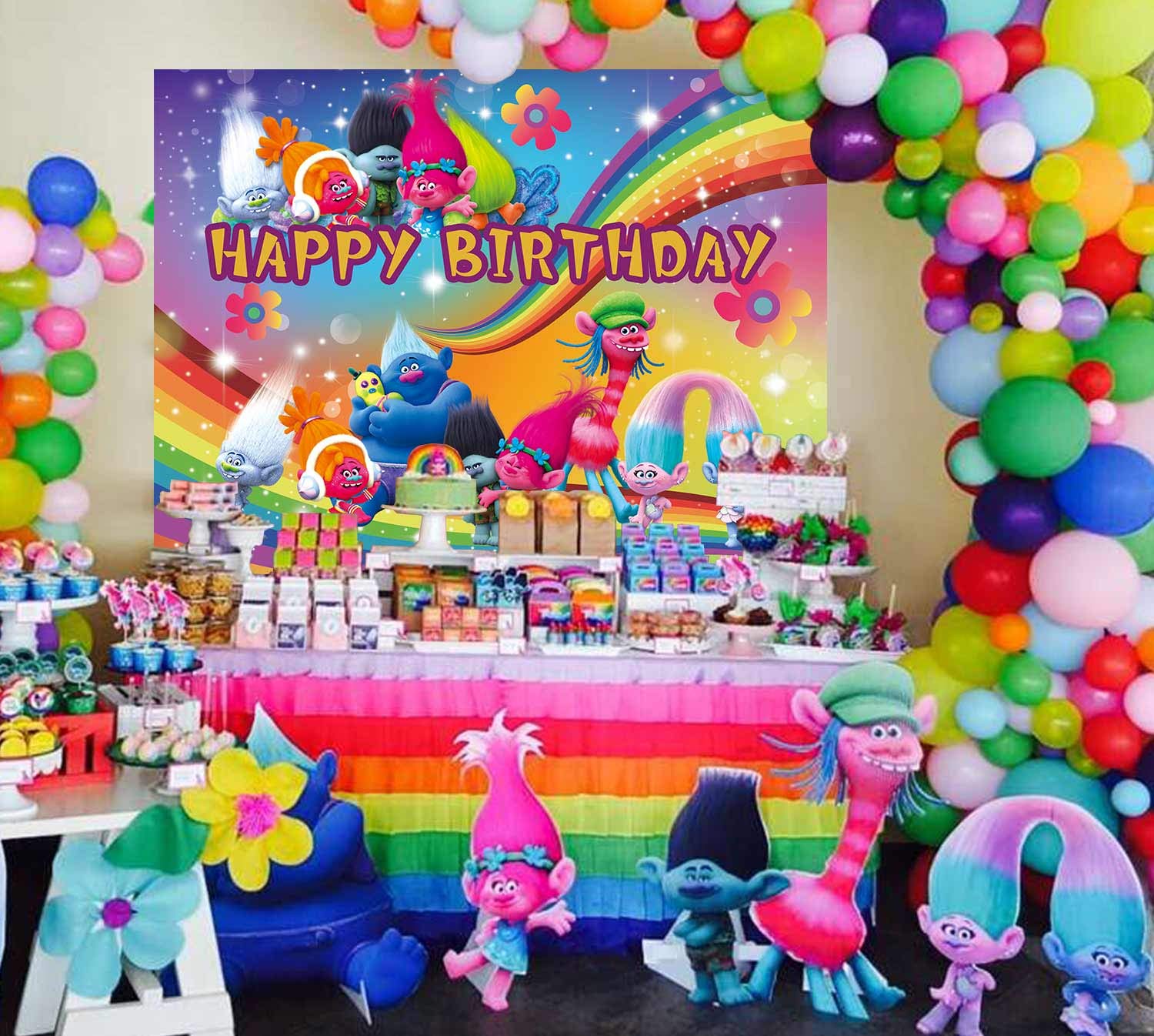 YouRan Trolls Happy Birthday Backdrop 5x3ft Pink Poppy Rocker Queen ...