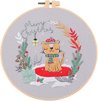 Amazon | Kioware クリスマス刺繍キットクラフトセットアクセサリークリエイティブ家の装飾DIY材料パッケージクリスマス初心者かわいい刺繍フープ, 猫 | 刺しゅうキット 通販